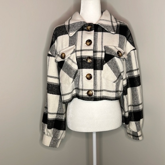 SHEIN | Jackets & Coats | Shein Plaid Button Cropped Shacket Purchased ...